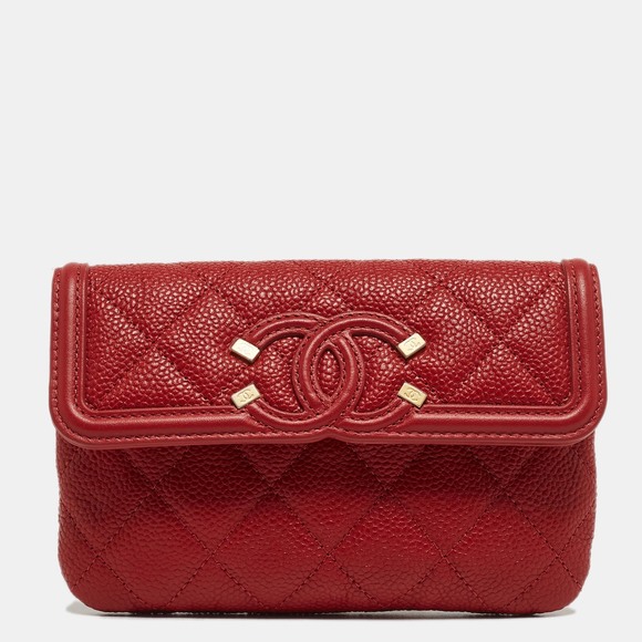 CHANEL | Bags | Chanel Red Quilted Caviar Leather Filigree Wallet ...